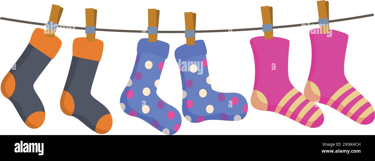 Colorful socks hanging on clothesline after laundry Stock Vector Image ...