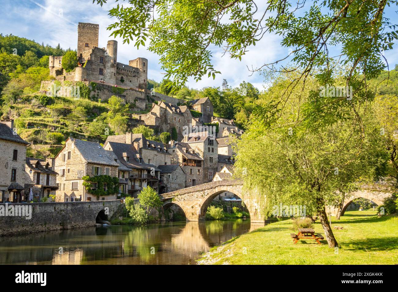 Belcastel village, castle and medieval bridge over Aveyron river, one ...