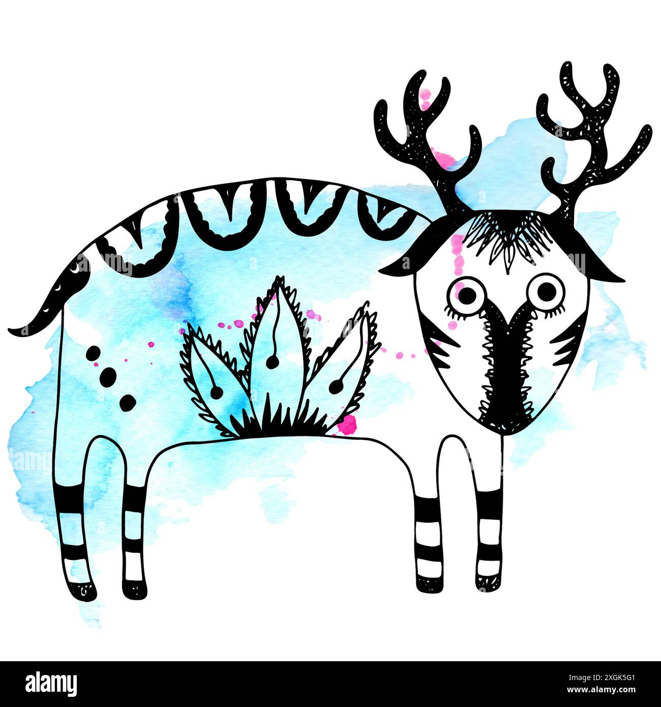 Abstract unusual cute elk magic forest watercolor blots and splashes ...