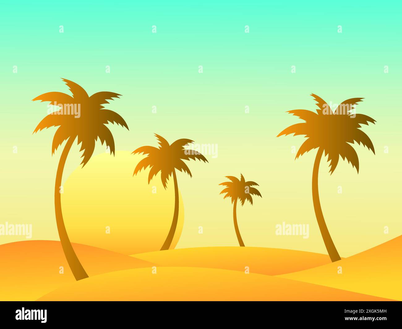 Landscape with palm trees in the desert. Sunrise over sand dunes ...