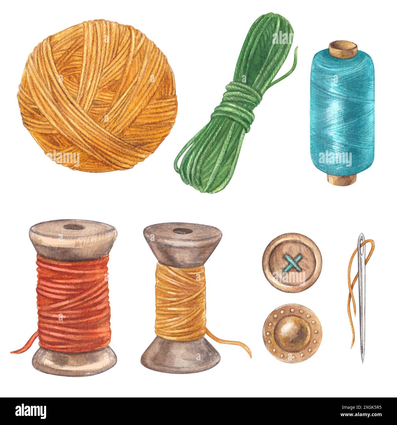 Sewing kit: spools of thread, yarn, buttons and needle. Set of ...