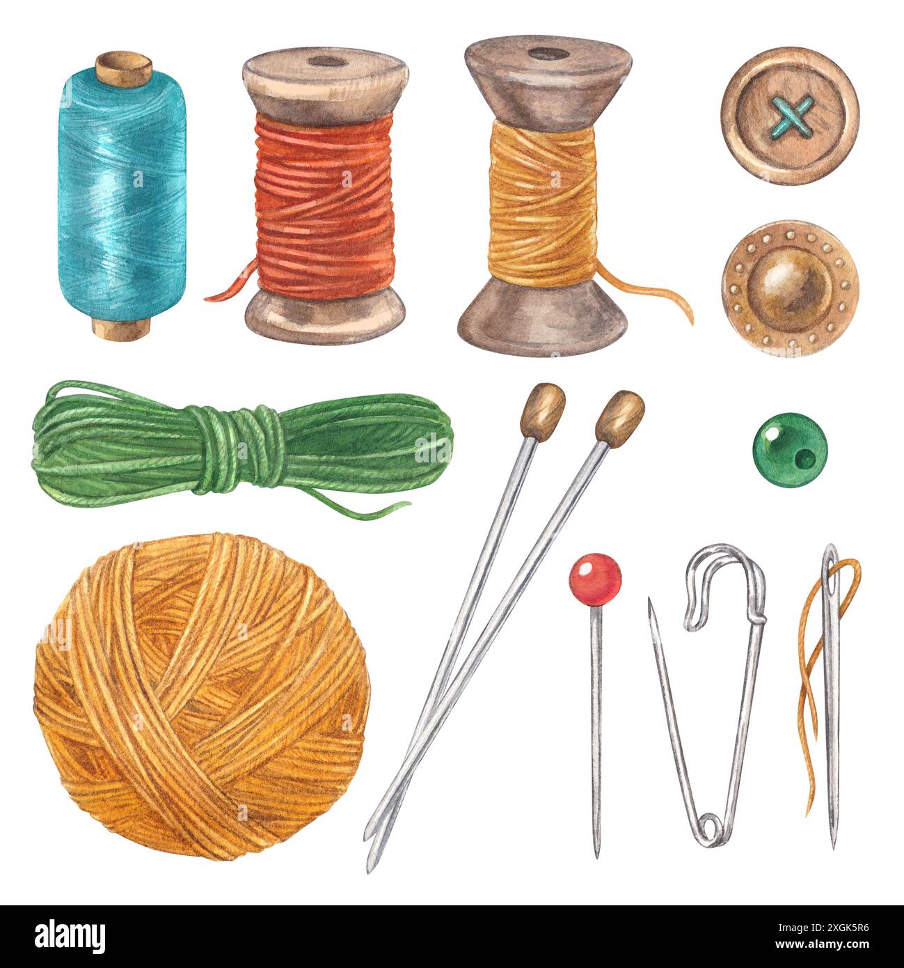 Sewing kit: spools of thread, yarn, buttons and needle. Set of ...