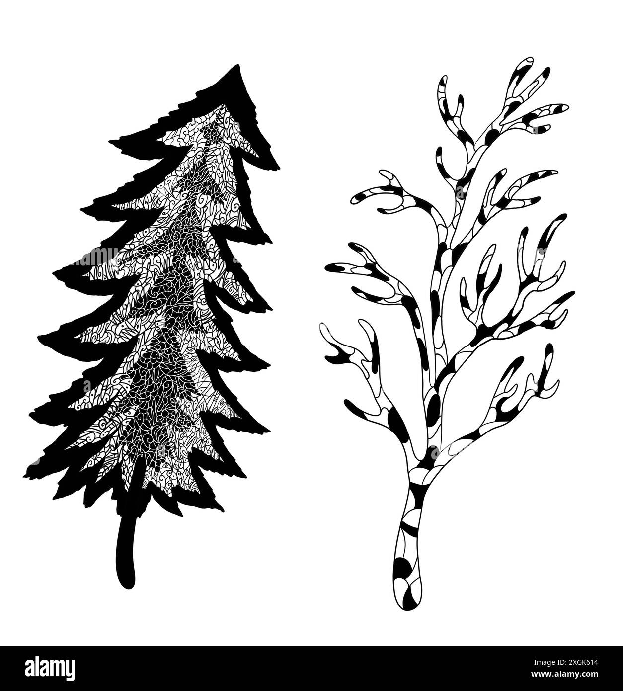 Strange forest mosaic lace trees. Mysterious forest hand-drawn line art ...