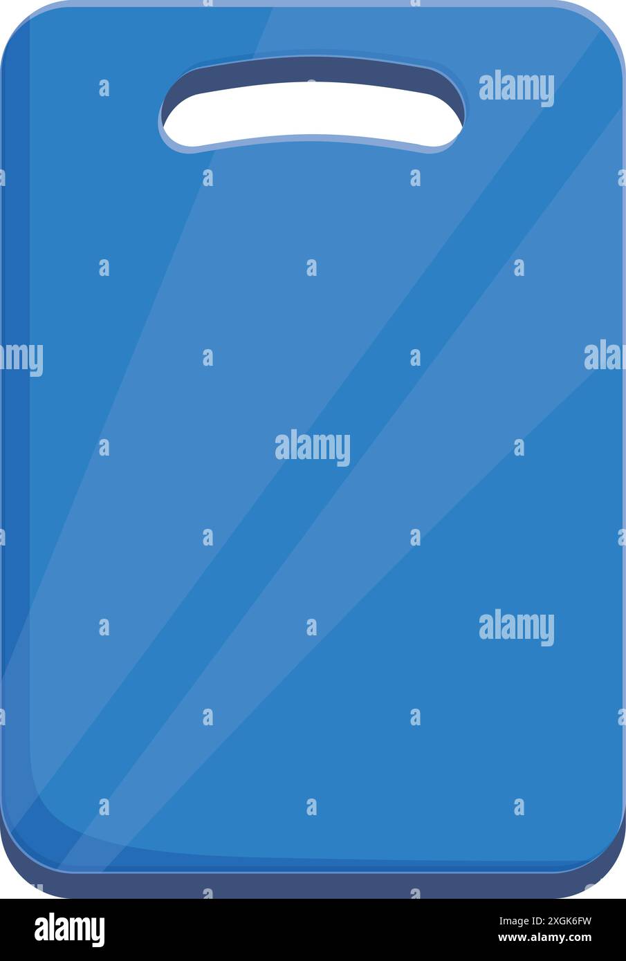 Blue plastic cutting board standing upright with a handle on a white ...