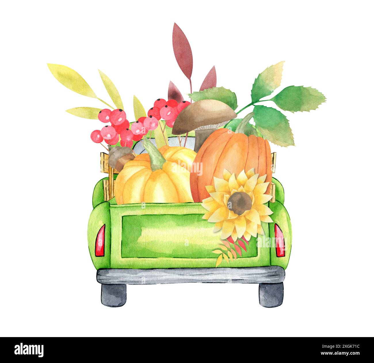 Watercolor old pickup truck with autumn leaves, pumpkins, sunflowers ...