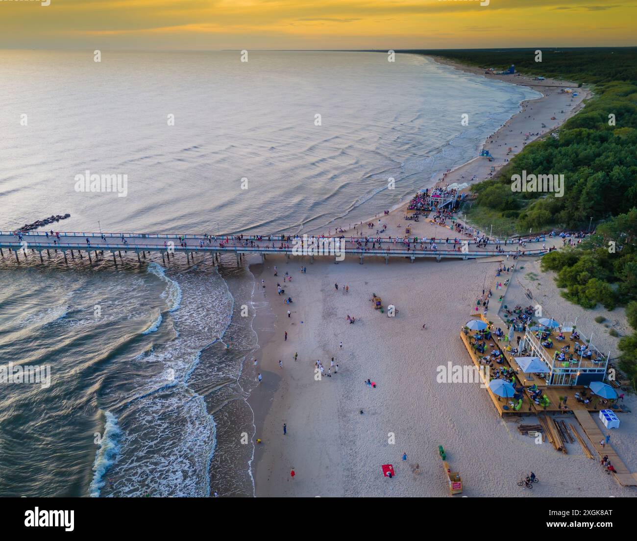 Colorful sunset and Palanga resort pedestrian bridge, pier. Aerial ...