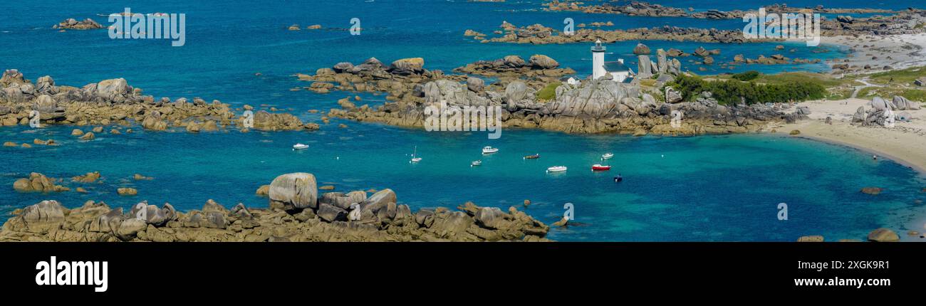Aerial view of Pontusval Lighthouse and the beaches. Plounour-Brignogan ...