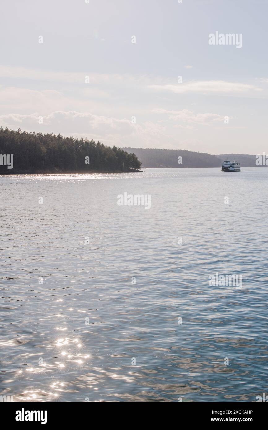 glistening water, tree filled island and ferry boat in the San Juan ...