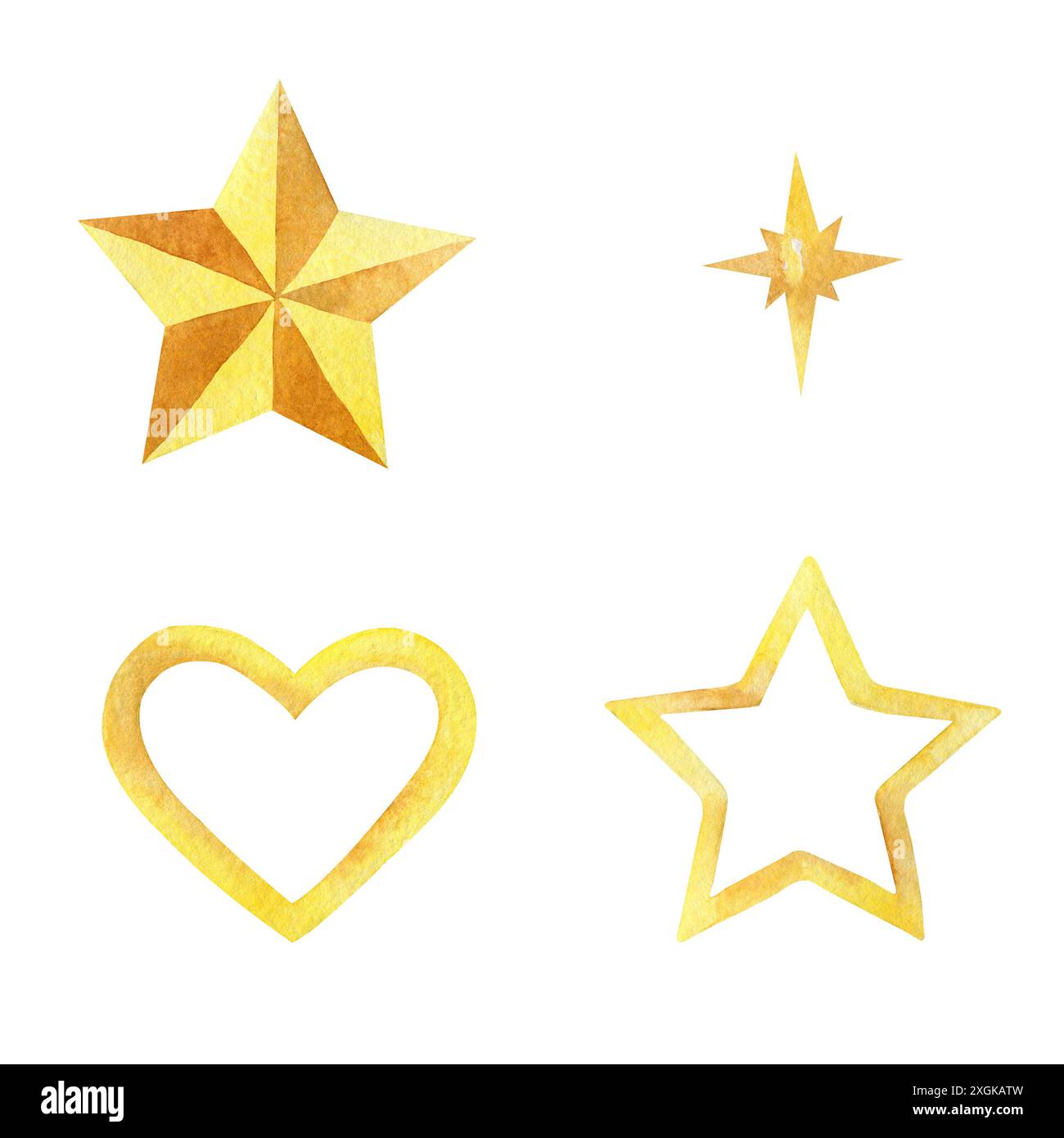 Christmas yellow star set, gold color watercolor hand drawn ...