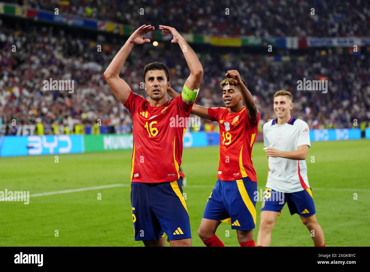Spain's Rodri (left) celebrates after winning the UEFA Euro 2024, semi ...