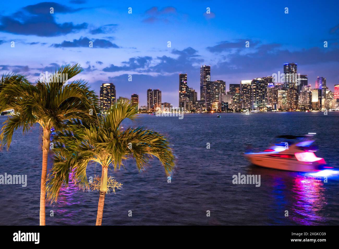 Night view of the Miami Florida skyline across Biscayne Bay with lit ...