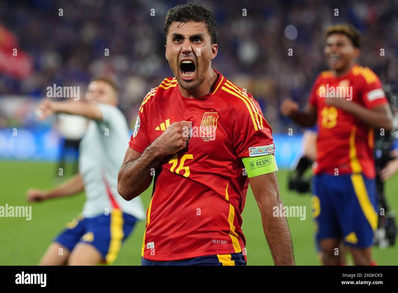 Spain's Rodri (centre) celebrates after winning the UEFA Euro 2024 ...