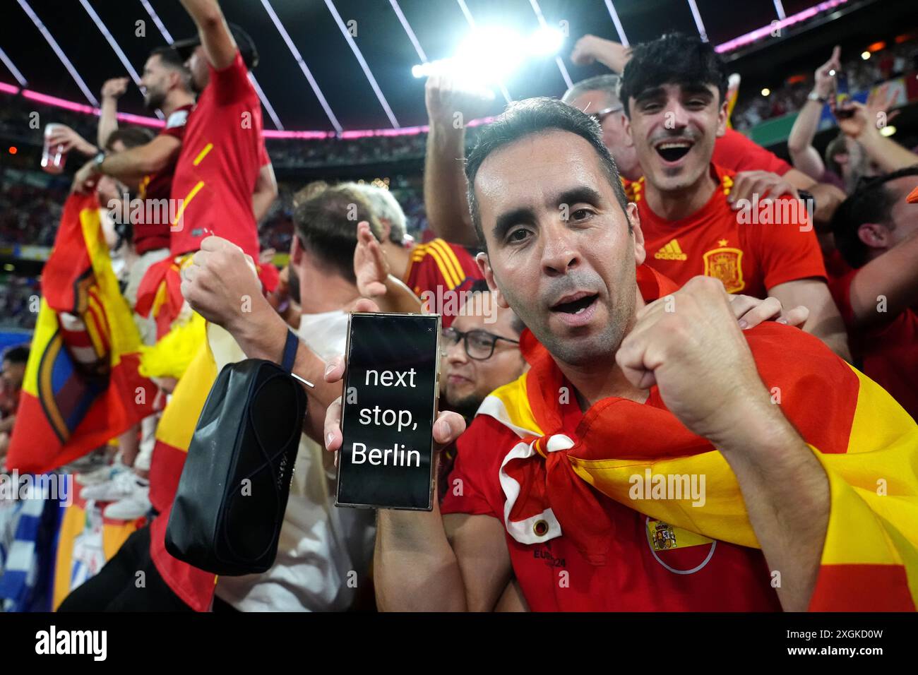 Spain fans in the stands celebrate their team winning the UEFA Euro ...