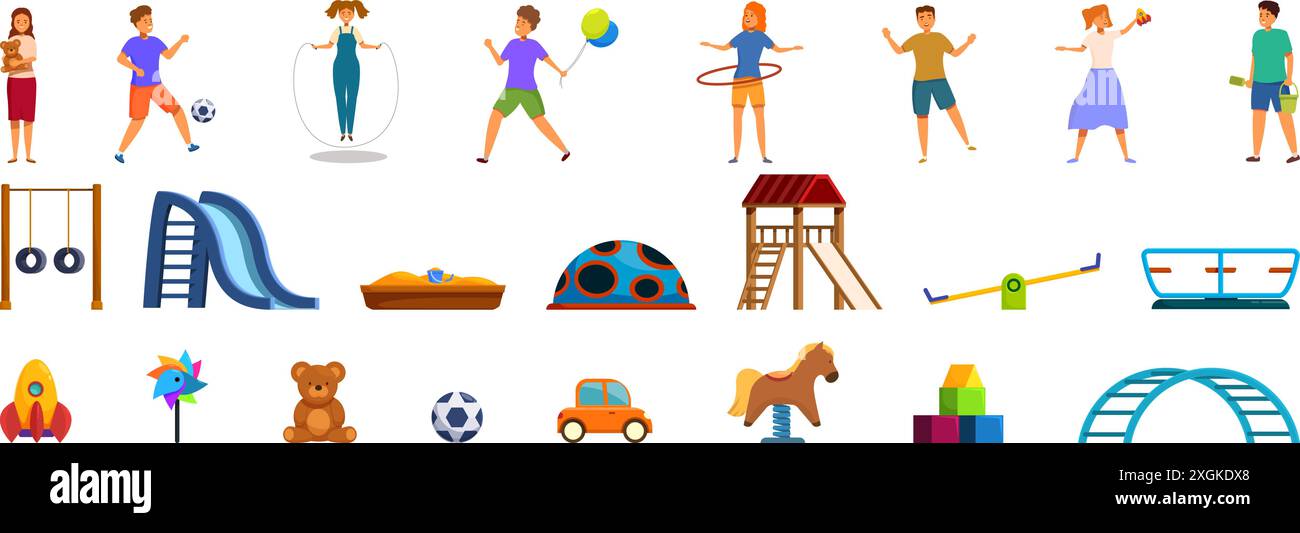 Children play playground icons set. Kids playing with different toys ...