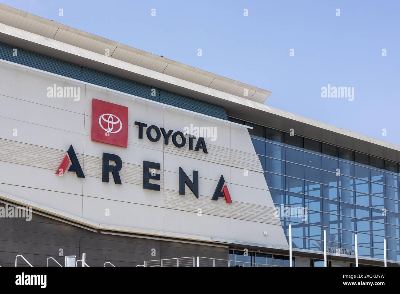 Partial view of Toyota Arena facade, logo, and windows on June 17, 2024 ...
