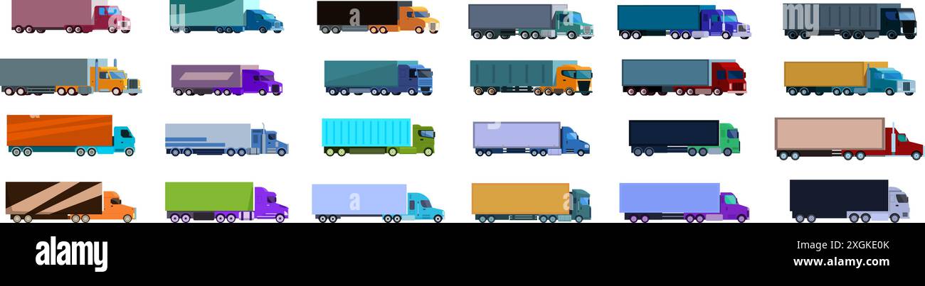 Truck semi-trailer icons set. Diverse set of colorful semi trailer ...