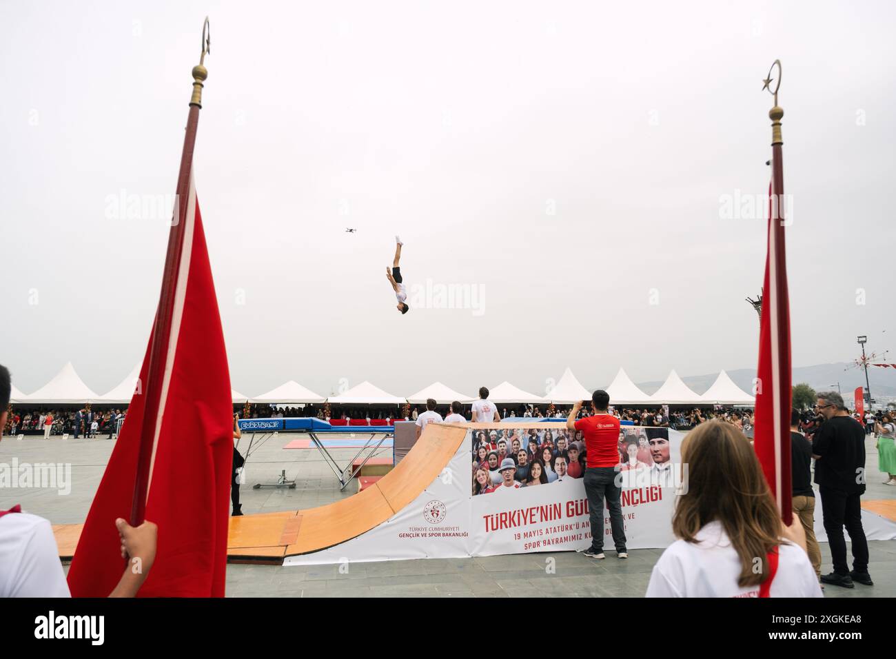 Izmir, Turkey - May 19 2024: Gymnastics group performs trampoline jumps ...