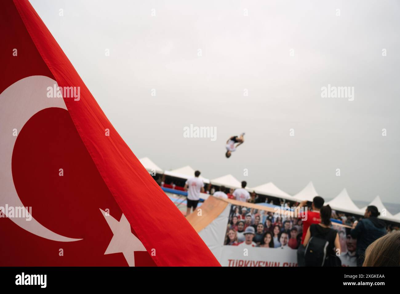Izmir, Turkey - May 19 2024: Gymnastics group performs trampoline jumps ...