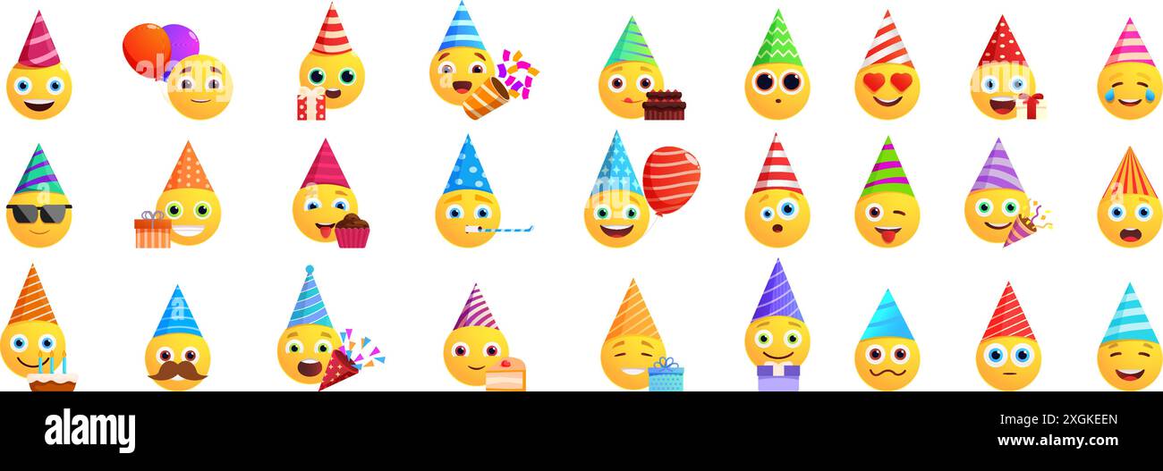 Birthday emoji icons set. Set of various yellow emojis wearing birthday ...