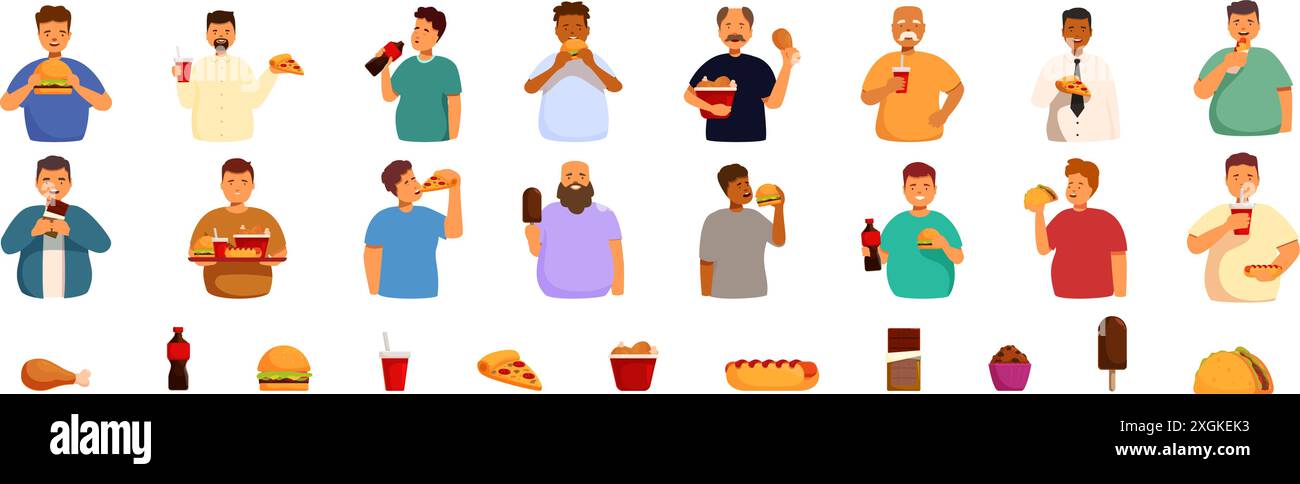 Fat man eating fast food icons set. Large set of overweight men ...