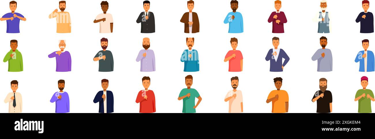 Man show dislike icons set. Diverse group of men expressing disapproval ...