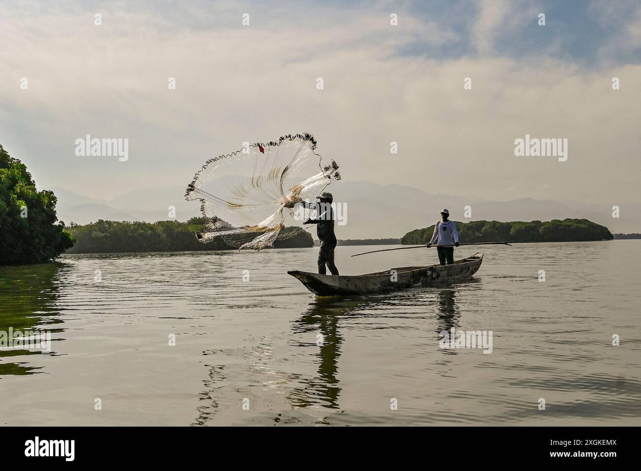 A fisherman in Ciénaga Grande skillfully maneuvers his boat, employing ...