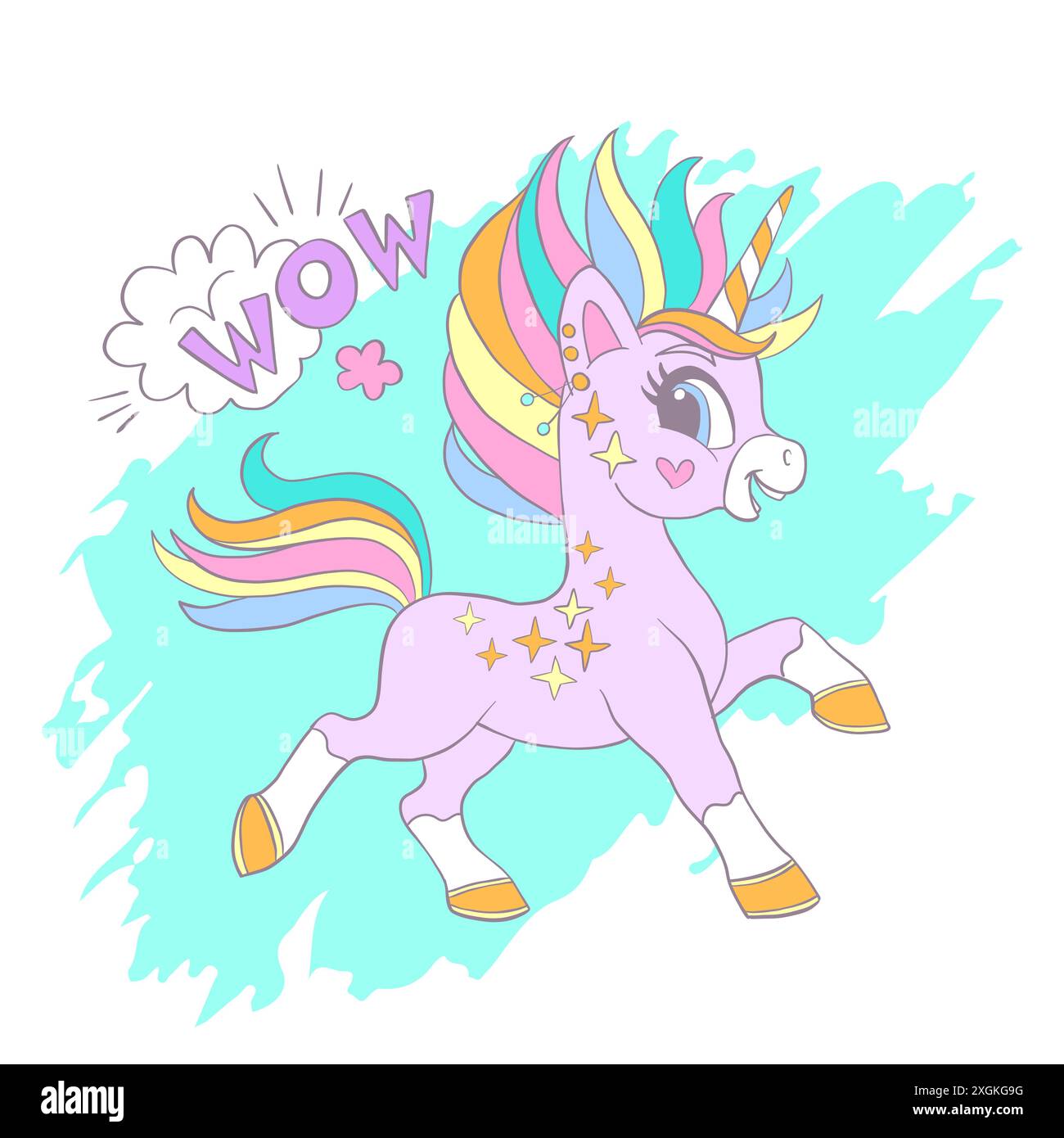 Cute unicorn on a turquoise background. Wow lettering. Vector ...