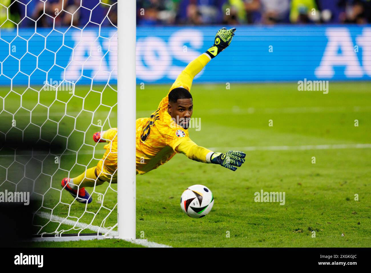 Mike Maignan seen ball hitting the post during UEFA Euro 2024 game ...