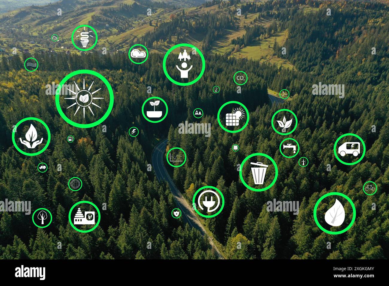 Environmental protection. Many different icons and mountain landscape ...
