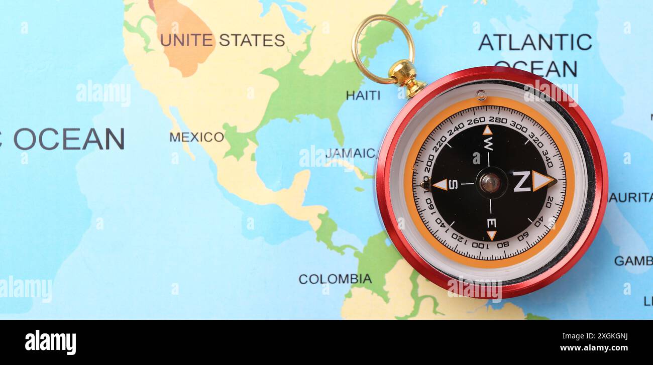 Compass on world map, top view. Banner design with space for text Stock ...