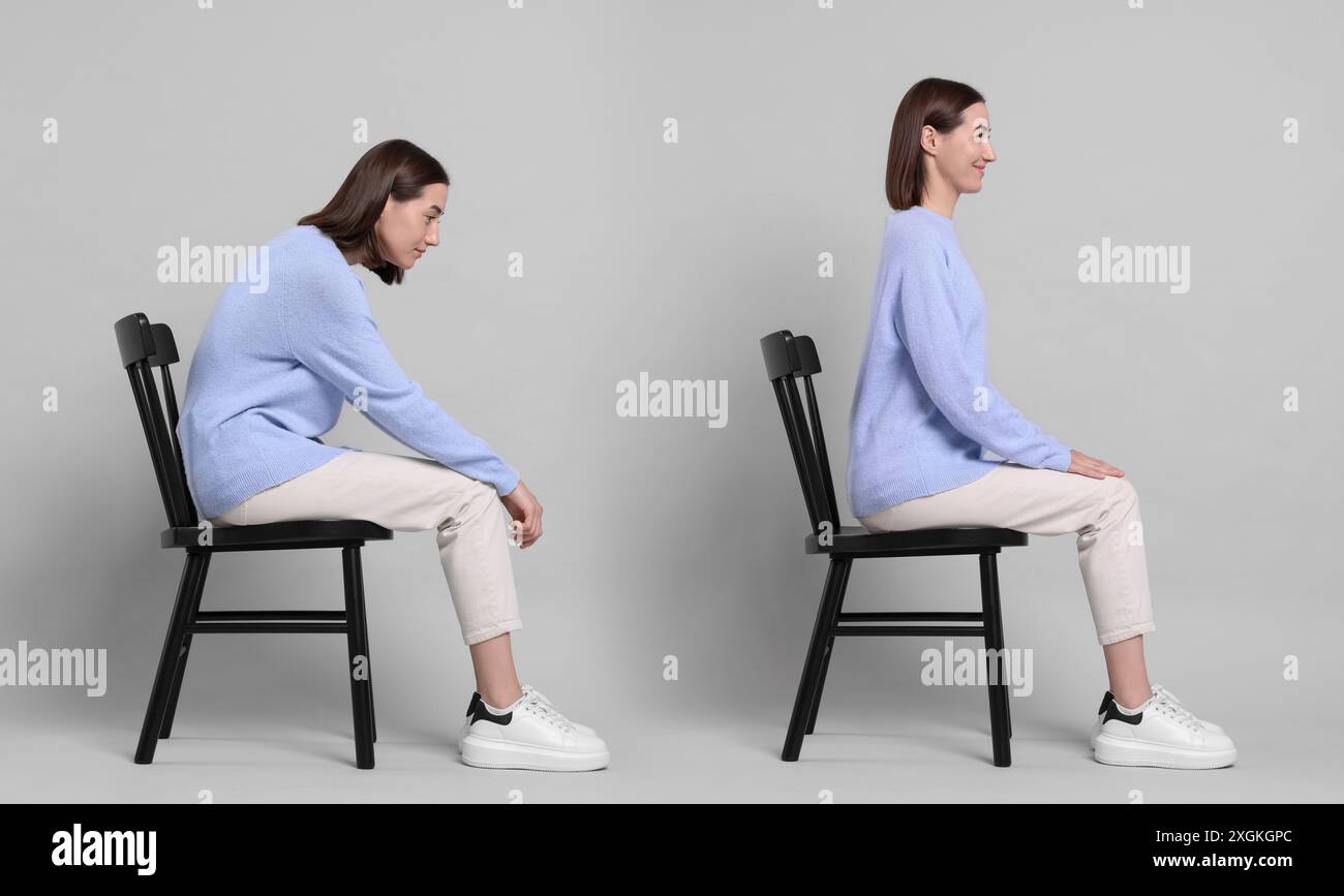Woman with poor and good posture sitting on chair against light grey ...