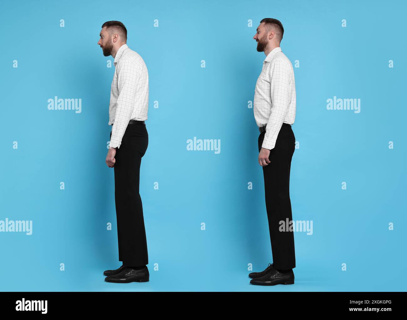 Man with poor and good posture on light blue background. Collage of ...
