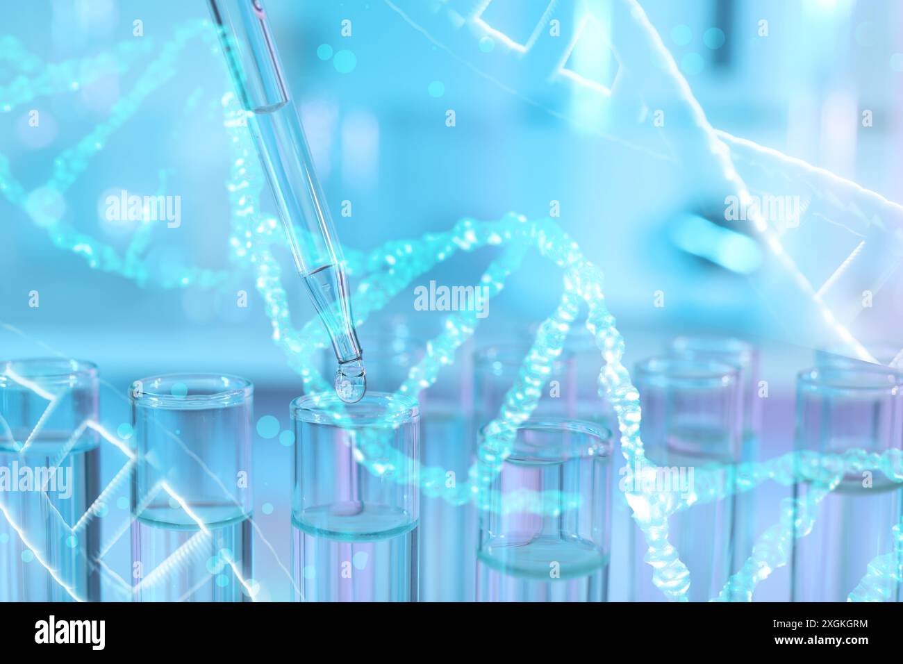 Illustrations of DNA and test tubes with samples, double exposure Stock ...