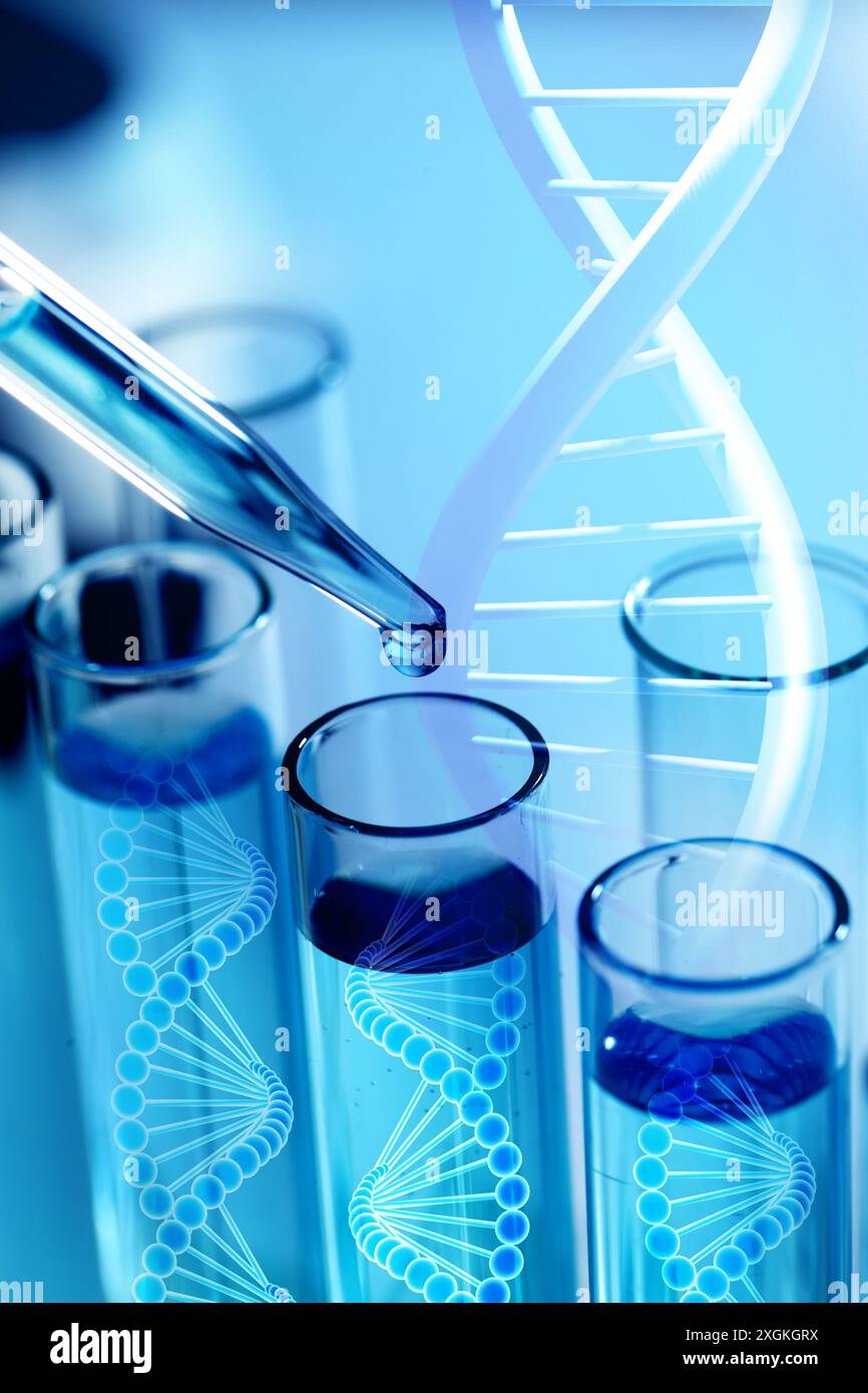 Illustrations of DNA and test tubes with samples, double exposure Stock ...