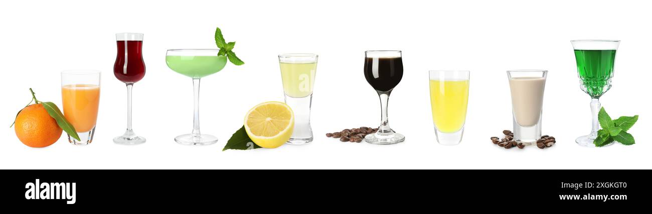 Different tasty liqueurs in glasses on white background, collection ...