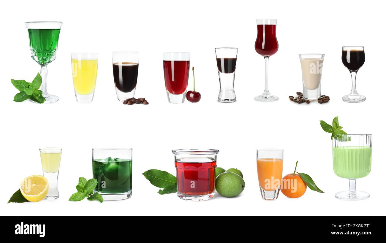 Different tasty liqueurs in glasses on white background, collection ...