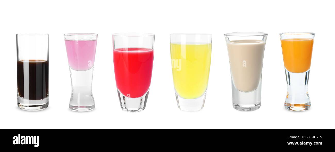Different tasty liqueurs in glasses on white background, collection ...