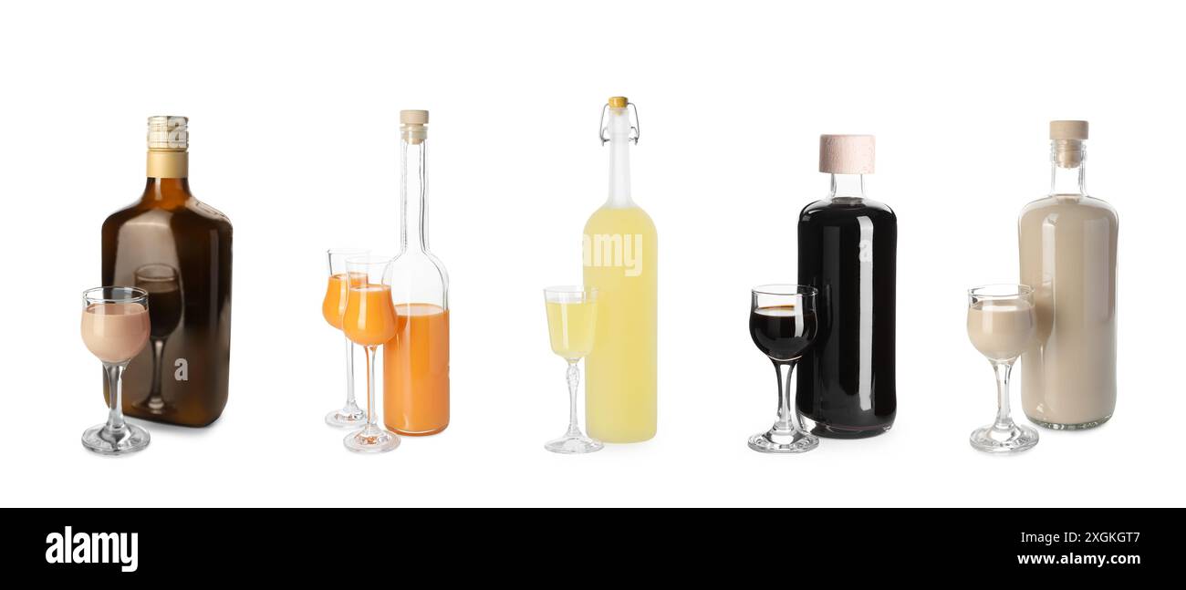 Collection of different tasty liqueurs on white background Stock Photo ...