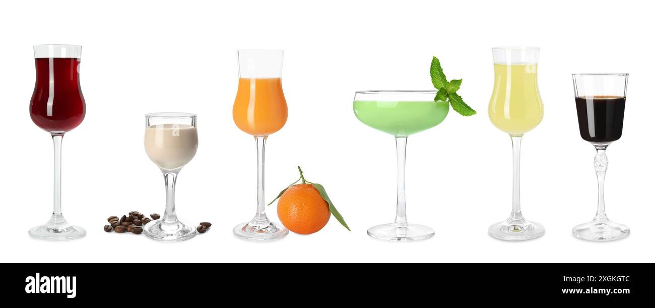 Different tasty liqueurs in glasses on white background, collection ...