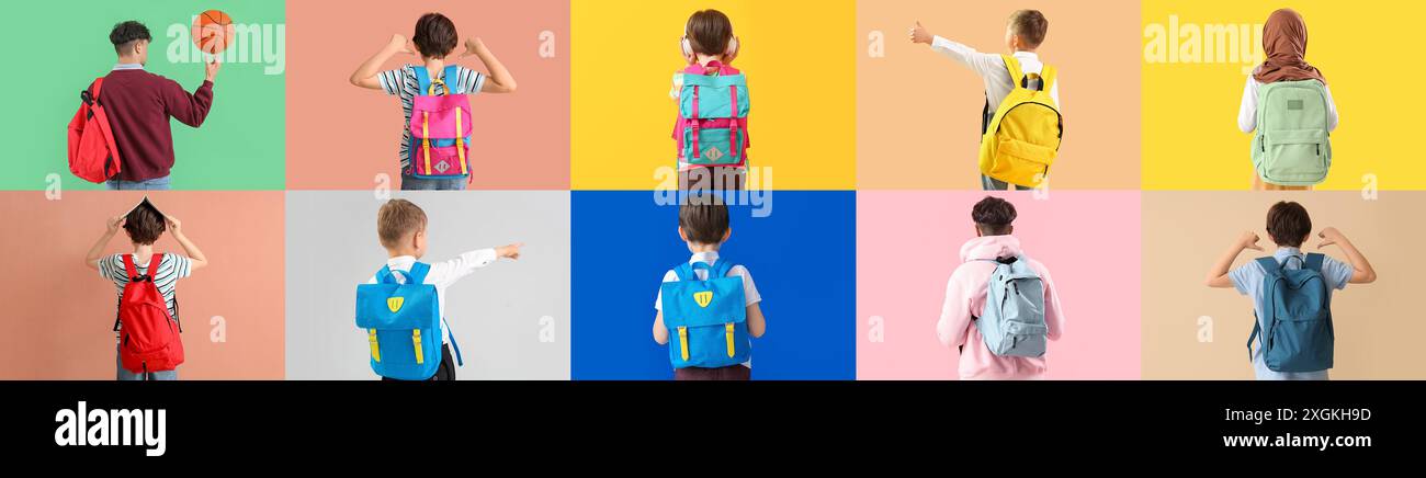 Set of students with schoolbags on color background, back view Stock ...