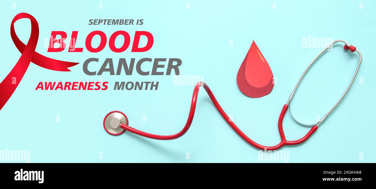 Paper blood drop with stethoscope on light blue background. Banner for ...
