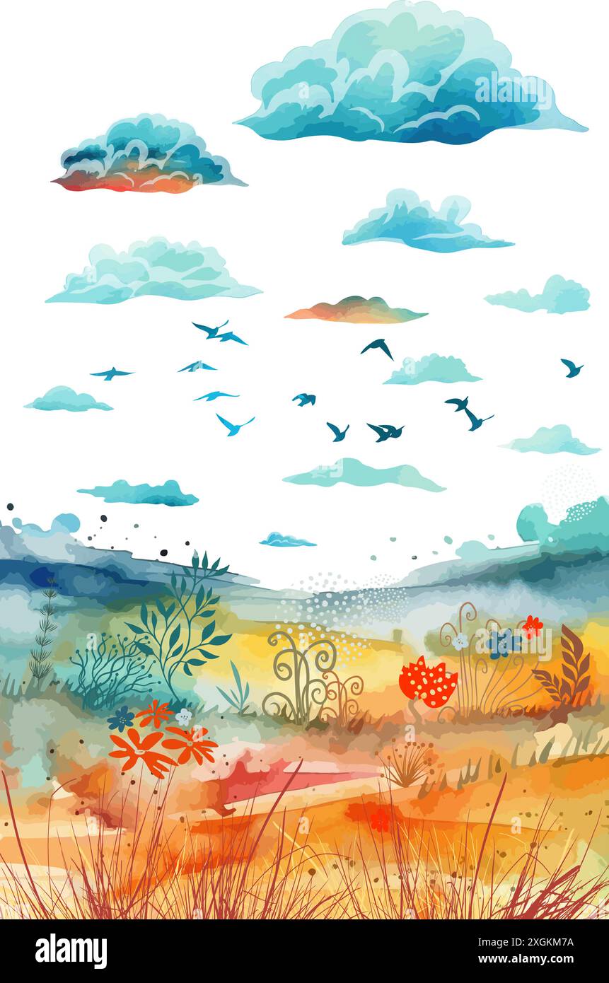 Colored landscape with birds and clouds. hand drawing. Not AI, Vector ...
