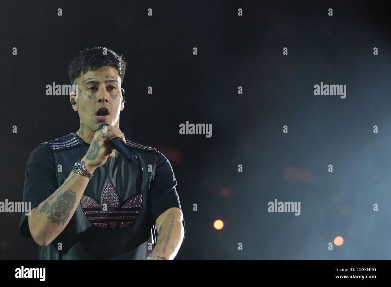 Argentine singer Duki during a performance at the Santiago Bernabeu ...