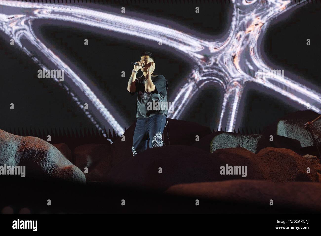 Argentine singer Duki during a performance at the Santiago Bernabeu ...