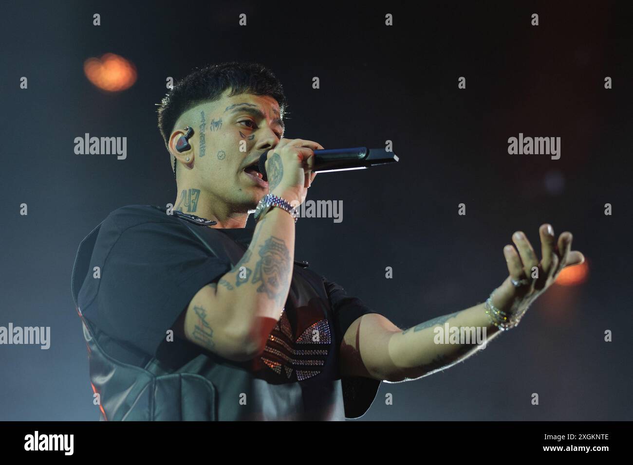 Argentine singer Duki during a performance at the Santiago Bernabeu ...