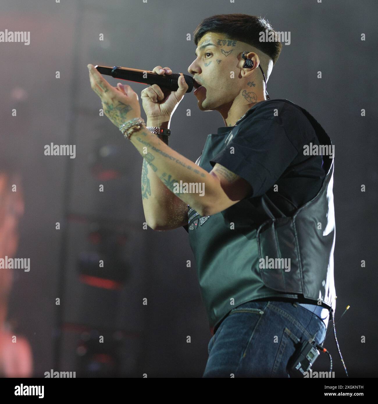 Argentine singer Duki during a performance at the Santiago Bernabeu ...