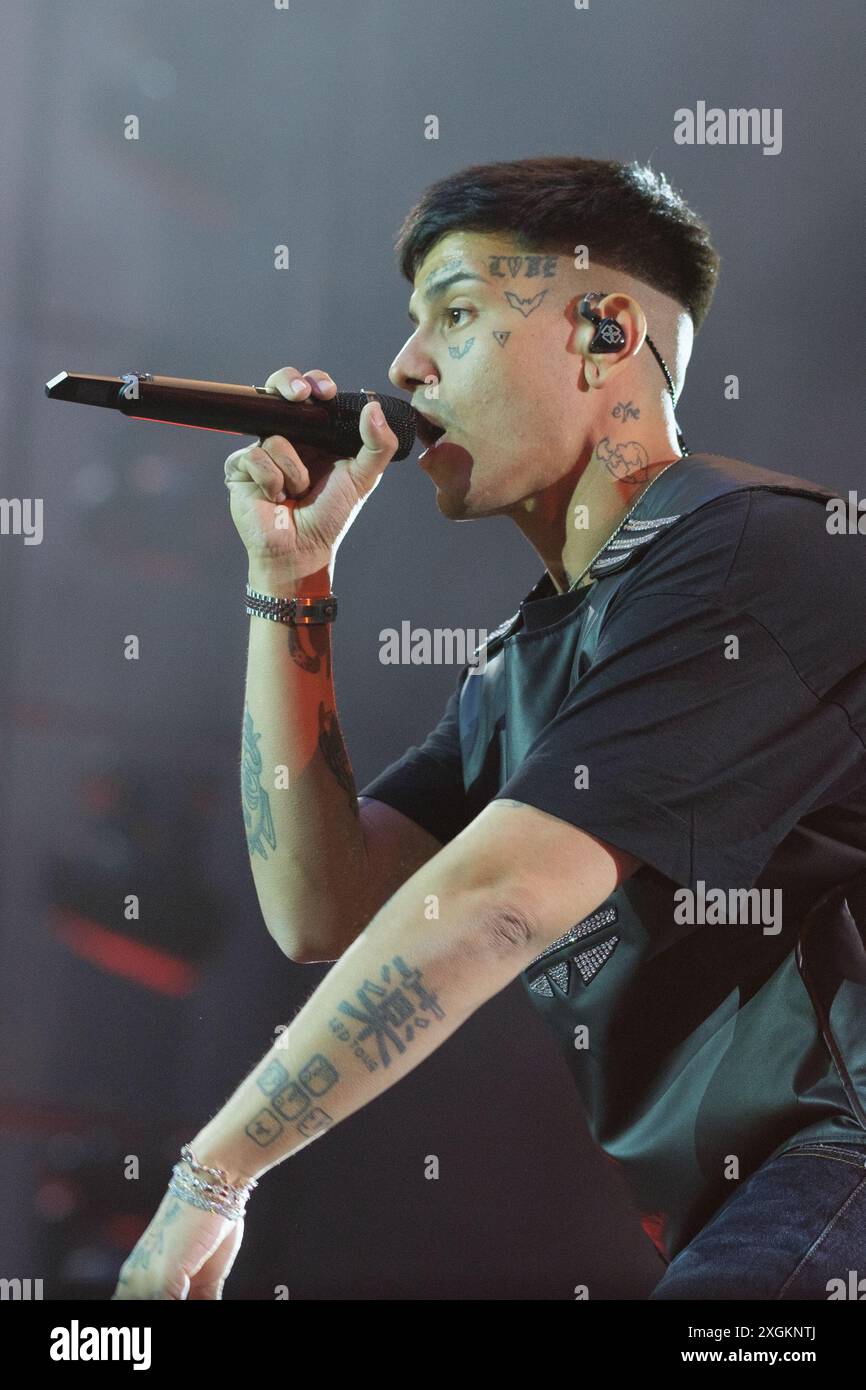Argentine singer Duki during a performance at the Santiago Bernabeu ...