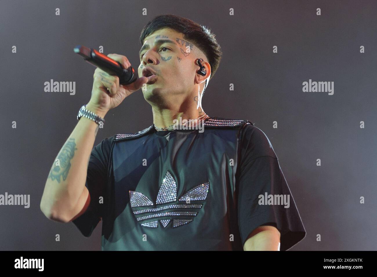 Argentine singer Duki during a performance at the Santiago Bernabeu ...