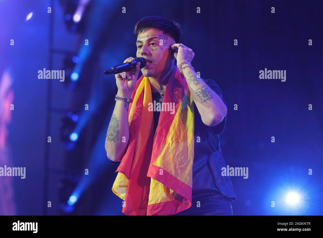 Argentine singer Duki during a performance at the Santiago Bernabeu ...
