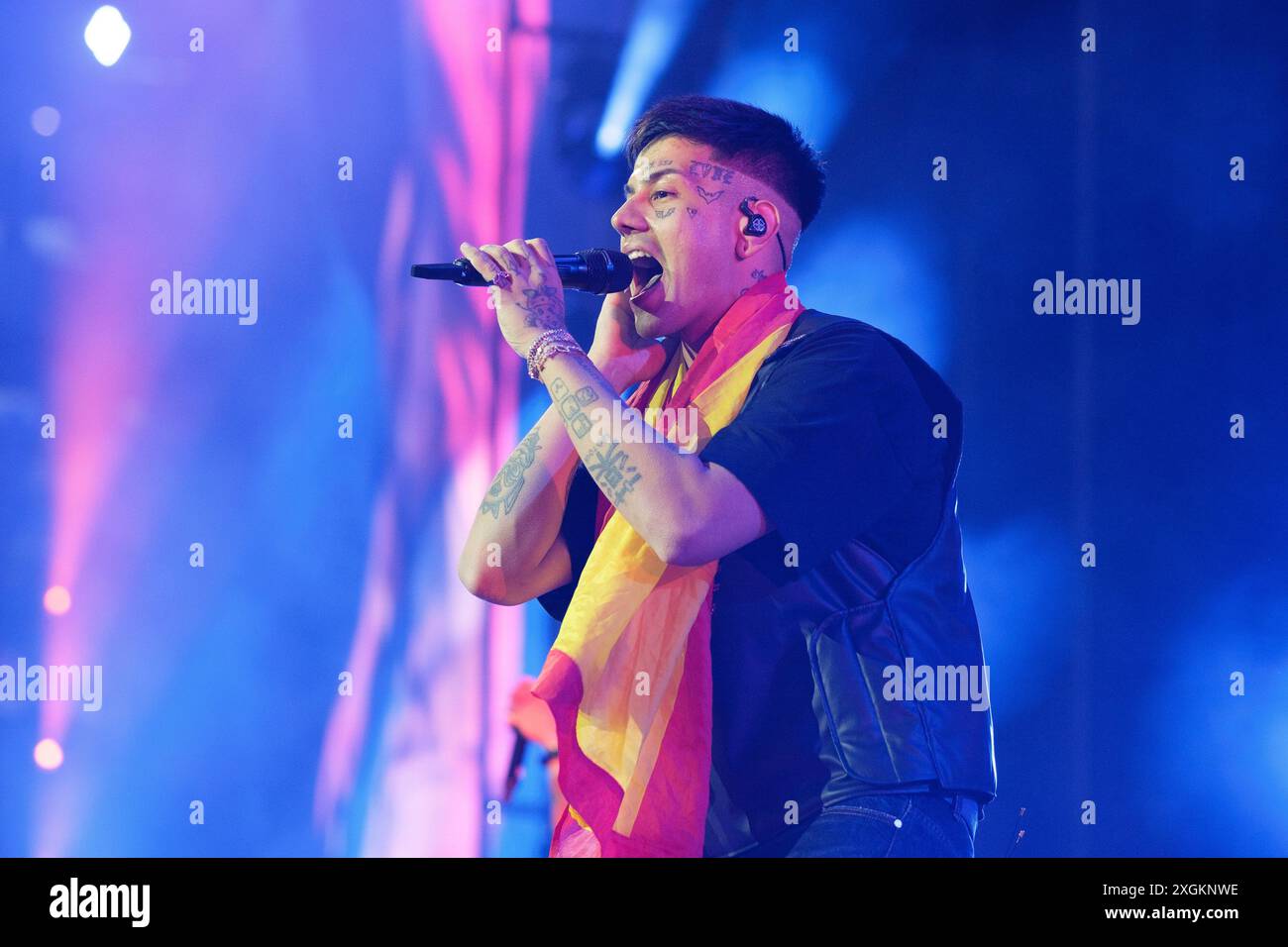 Argentine singer Duki during a performance at the Santiago Bernabeu ...